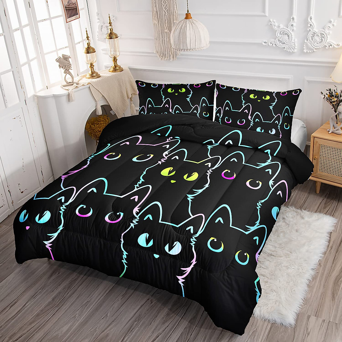 Axolotl Kids Bedding Cartoon Twin Size,Gradient Line Cute Cat Bedding Set for Teens Kids Boys Girls Adults Room Decor, All Season,1 Comforter 2 Pillow Cases,Black