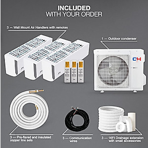 Cooper & Hunter Tri 3 Zone 12000 12000 12000 BTU Multi Zone Ductless Mini Split Air Conditioner and Heater Full Set with 25ft Installation Kits (28,000 BTU Condenser)