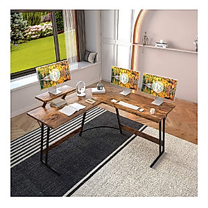 Escritorio en Forma de L, escritorio de esquina de oficina en casa, escritorio Grande para computadora de estudio con soporte de Monitor extraíble, Marrón