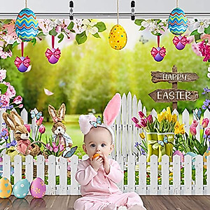 Easter Backdrop, Easter Bunny Photo Backdrops for Photography 7x5ft, Farmhouse Happy Easter Day Lily Tulips Back Drops Background for Pictures Spring Easter Party Decorations Banner Booth Props