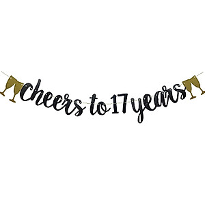Cheers To 17 Years Banner,Pre-Strung, Black Paper Glitter Party Decorations For 17TH Wedding Anniversary 17 Years Old 17TH Birthday Party Supplies Letters Black ZHAOFEIHN
