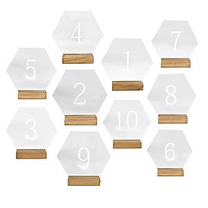 Hanna Roberts Modern Hexagonal Geometric Table Number Acrylic Signs with Wood Stands for Wedding Reception, Restaurant, Event Party, 5" x 1.5" x 5.9" (Number Design, Set of 10 (1-10))