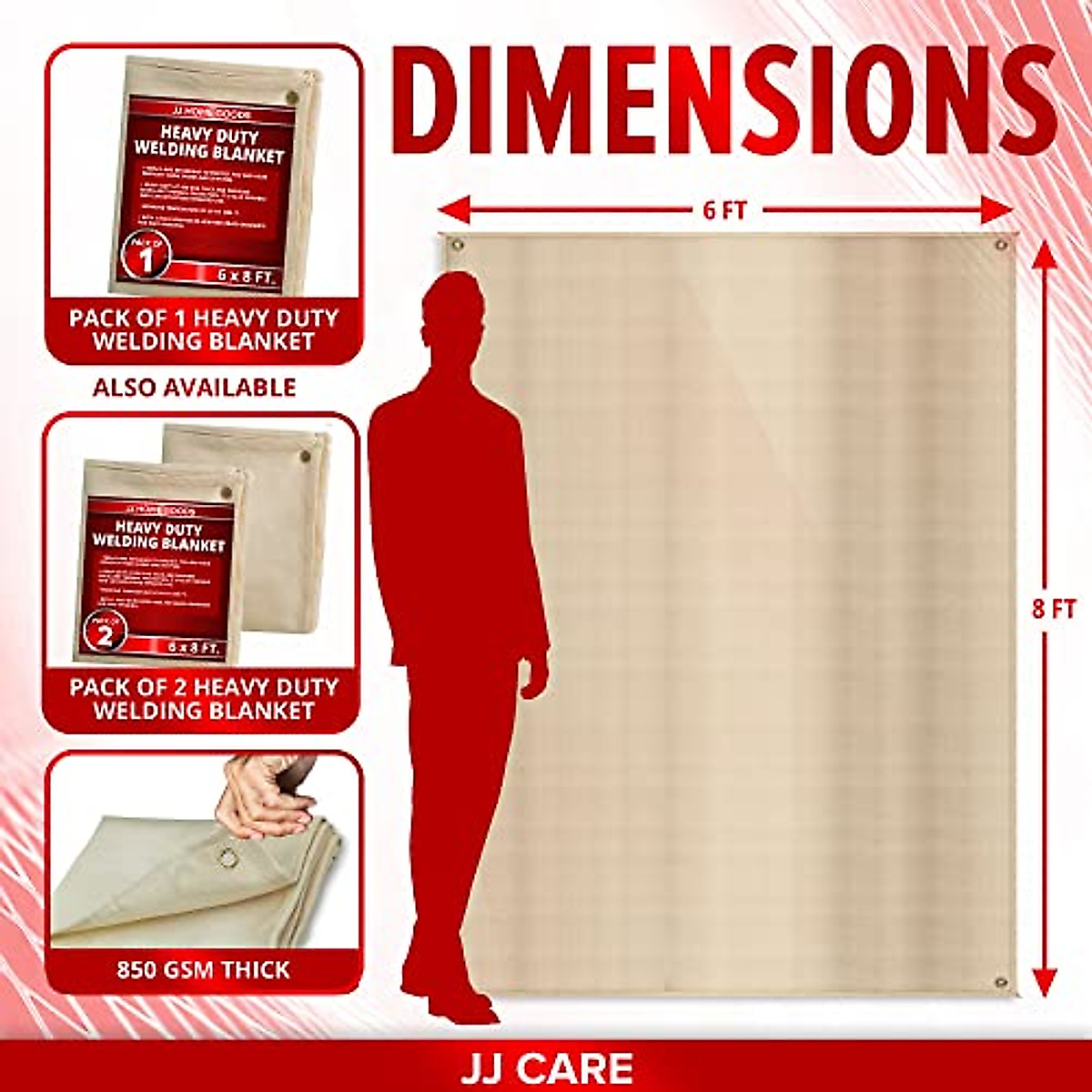 JJ CARE Welding Blanket - 1 Pack 6ft x 8ft Welding Mat - 850GSM Fiberglass Welding Blanket with Brass Grommets, Welders Blanket for Grill, Smoker Welding Blanket Heavy Duty, Welding Tarp & Shield