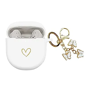 AIIEKZ Compatible with Bose QuietComfort Earbuds II 2022, Soft Silicone Case with Gold Heart Pattern for Bose QC II Case with Cute Butterfly Keychain for Girls Women (White)