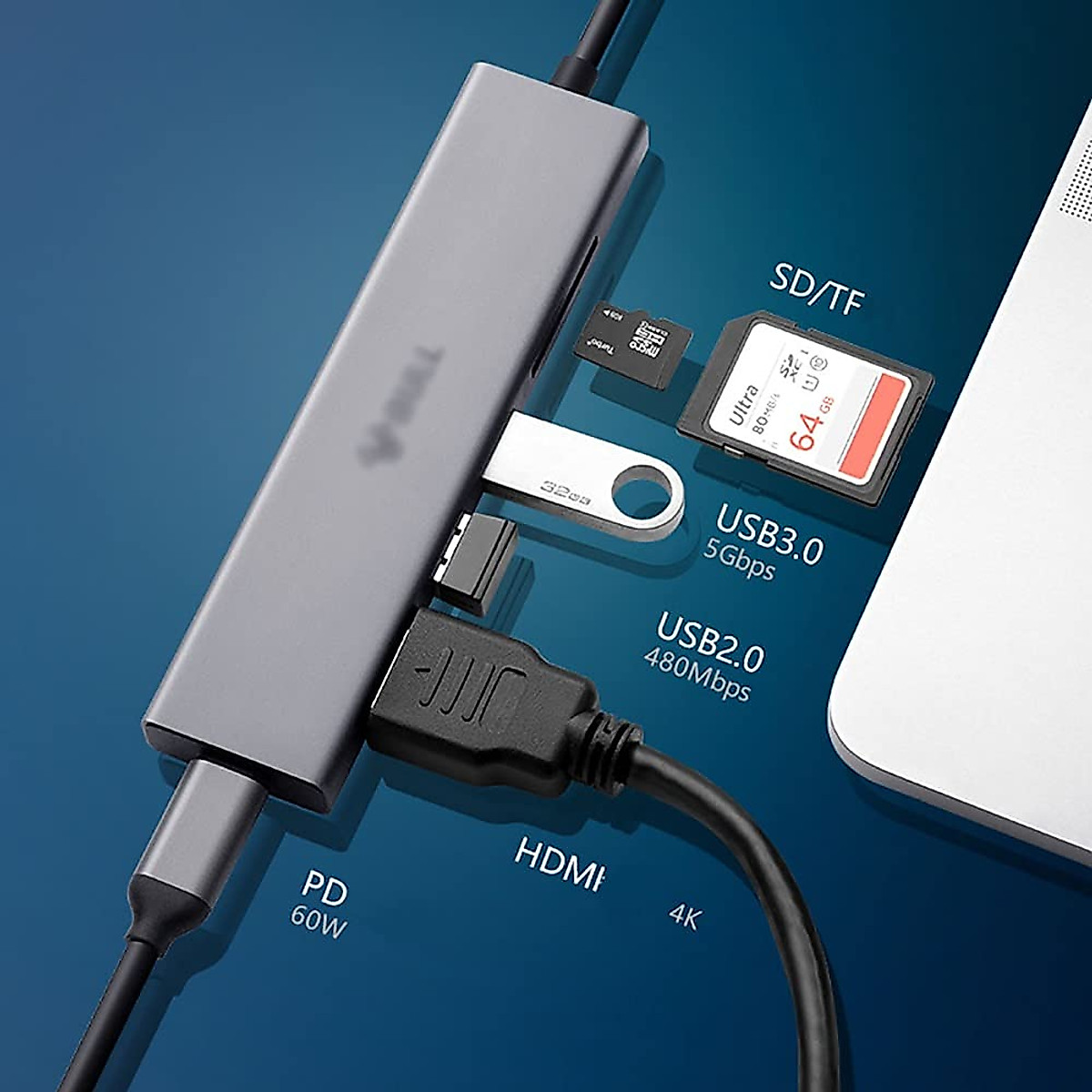 Port Expander USB C Hub 6-in-1 Dock Station USB C Adapter for USB C Devices with 4K HDMI/USB 3.0 / USB 2.0 / SD and TF Slots/PD 60W USB Splitter