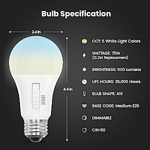 Feit Electric A19 LED Light Bulb, 75W Equivalent, Dimmable, Color Selectable 6-Way, E26 Medium Base, 90 CRI, 1100 Lumens, Damp Rated Standard Bulb, 22-Year Lifetime, OM75DM/6WYCA/2, 2 Pack