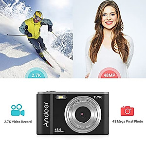 Andoer Portable Digital Camera 48MP 2.7K 2.88-inch IPS Screen 16X Zoom Auto Focus Self-Timer 128GB Extended Memory Face Detection Anti-Shaking with 2pcs Batteries Hand Strap Carry Pouch