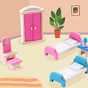 Toydaze Wooden Dollhouse Furniture Set with 35pcs Furnitures with 4 Family Dolls, Dollhouse Accessories are Gift for Girls Boys Age 3+