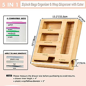 Sansnow 5 in 1 Bamboo Ziplock Bag Organizer Box and Plastic Wrap/Foil/Wax Dispenser with Cutter, Storage Box for Ziplock Bag (Gallon/Quart/Sandwich/Snack), Apply to Kitchen Drawer/Countertop/Wall