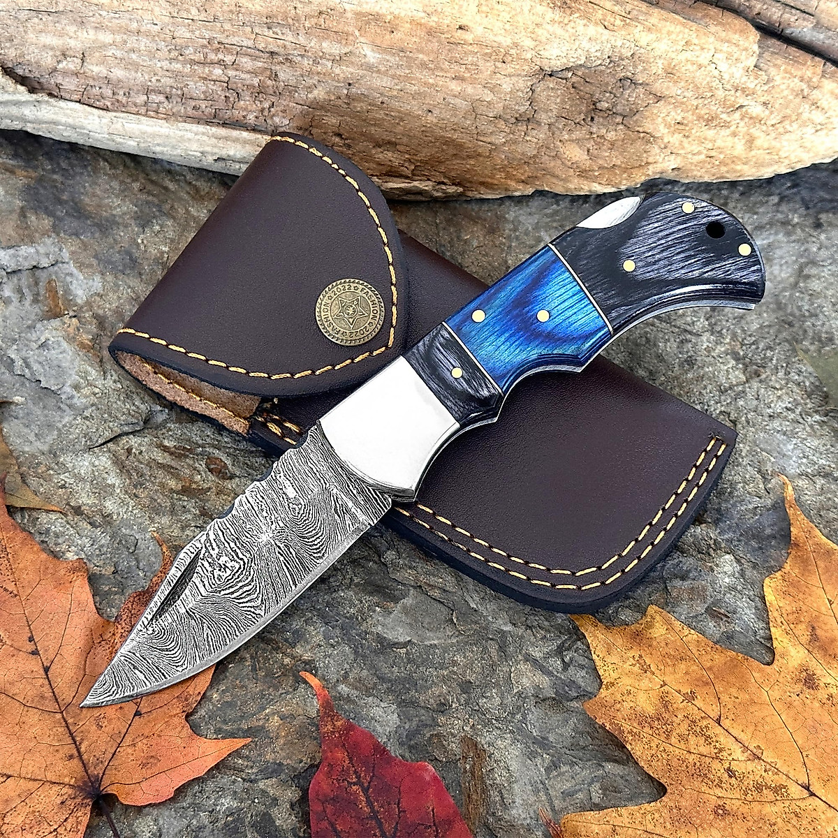 WINTERFELL Personalized Folding Pocket Knife - Handmade 6.5'' Camping, Hiking Knife With Damascus Steel Blade