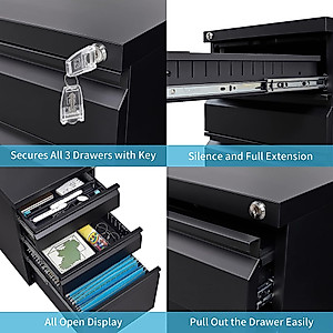 Gustonhon 3-Drawer Mobile File Cabinet with Lock,Under Desk Home Office Storage Filing Cabinet for Legal/Letter Size, Pre-Assembled Metal File Cabinet Except Wheels (Black)