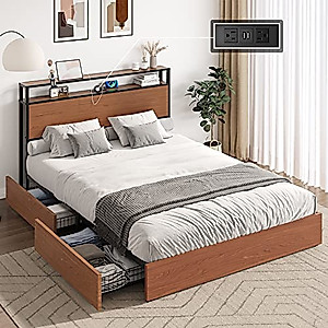 AMERLIFE Queen Size Storage Bed Frame with Charging Station, Wooden Platform with 4 Drawers & Headboard/No Box Spring Needed/Noise-Free/Cherry