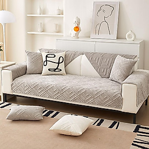 vctops Luxury Velvet Plush Couch Sofa Cover Geometric Quilted Sectional Couch Covers Anti-Slip Sofa Slipcovers for Dogs Cats Kids Loveseat Recliner L Shaped Armrest Backrest (Light Grey,43"x82")