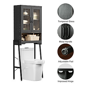Over The Toilet Storage Cabinet with Tempered Glass Doors & Adjustable Shelf, Bathroom Organizer with Metal Stand Space Saver Over Toilet , Tall Freestanding Shelf/Rack for Bathroom, Black