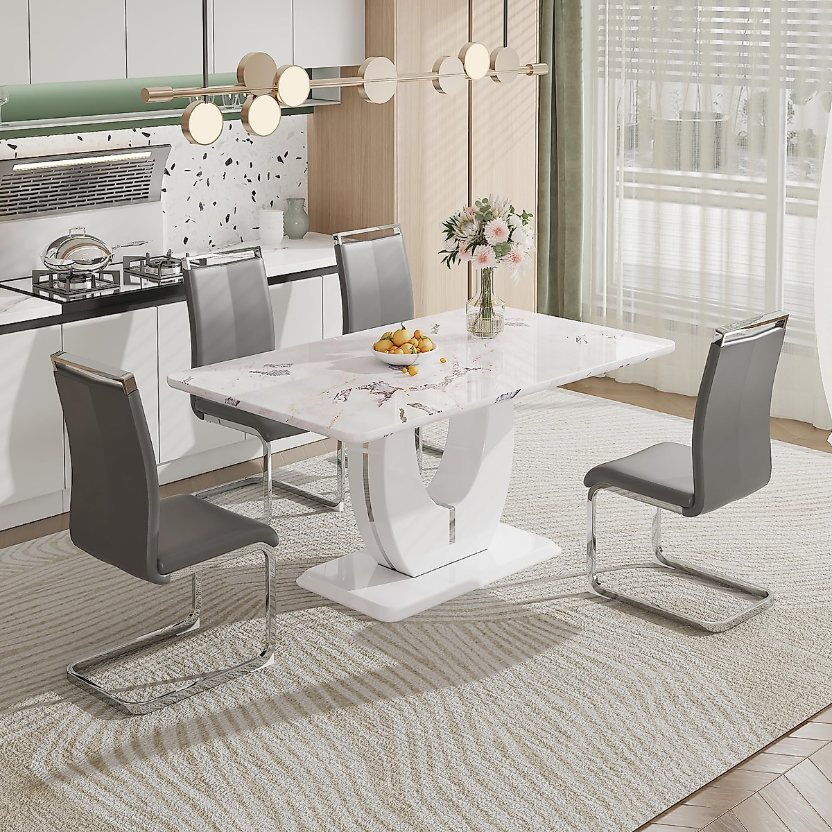 Pvillez 63" Marble Dining Table Set for 4, Modern Dining Room Kitchen Table with 1.57" Faux Marble Top & 4 PU Leather Upholstered Gray Dining Chairs, 5 Piece Dining Table Set for Dining Kitchen