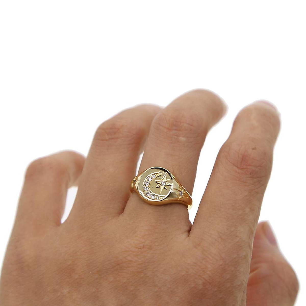 ATJMLADYJEWELRY Classic women finger jewelry Gold plated moon star engraved star signet ring 6 7 8 (8)