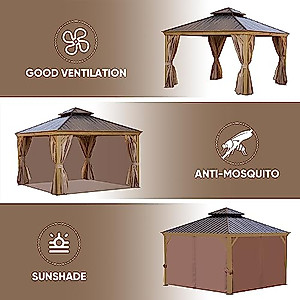 Endark 12x12FT Hardtop Gazebo with Galvanized Steel Double Roof, Outdoor Wood-Look Aluminum Frame Canopy with Netting and Removable Zippered Curtains, Pergolas for Patio, Garden, Lawn and Backyard