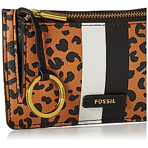 Fossil Women's Logan Faux Leather Wallet Slim Minimalist Zip Card Case with Keychain, Cheetah (Model: SL6356989)