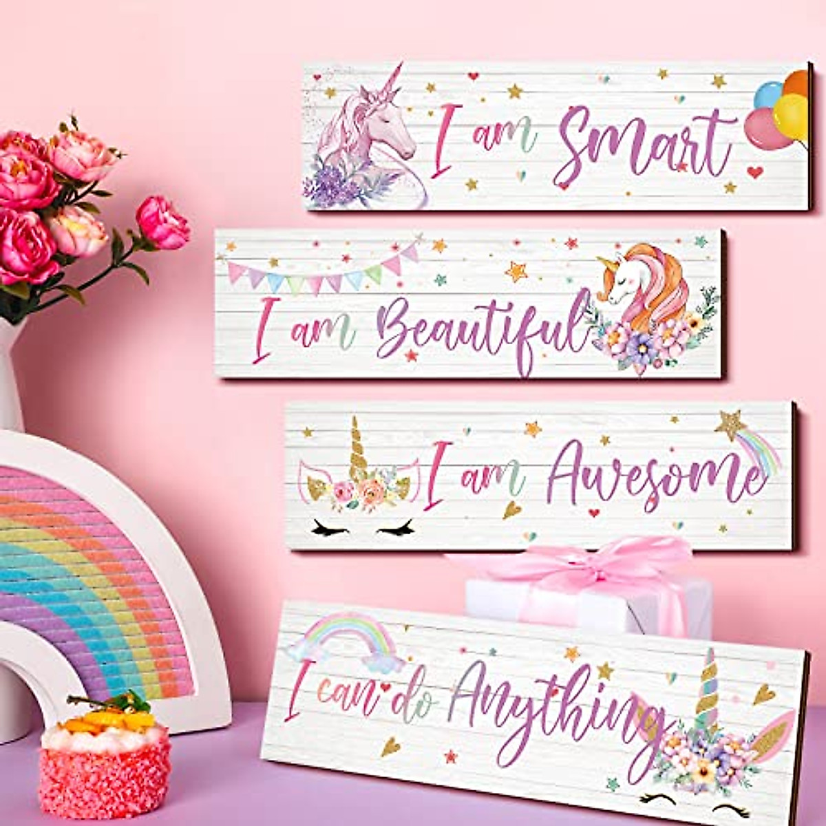 Yulejo Unicorn Rainbow Girls Room Wall Decor Unicorn Rainbow Motivational, Inspirational Wall Art Bedroom Decor for Girls Kids Bedroom Nursery Decorations (Smart Style)