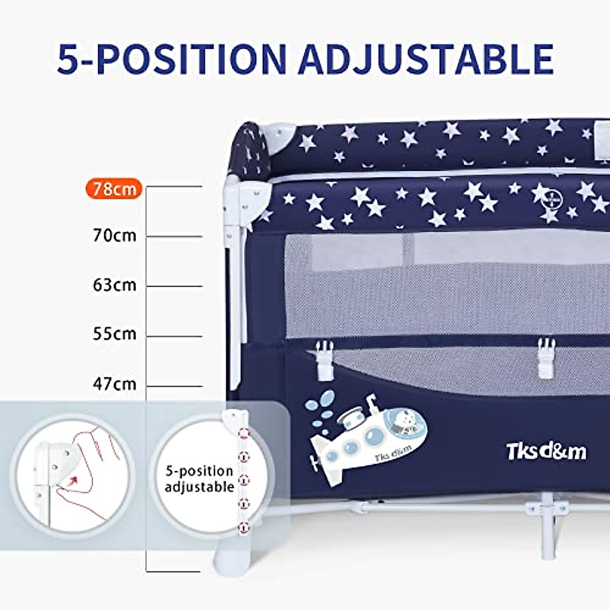 Tksd&m Portable Baby Playard, 2 in 1 Convertible Pack and Play with Comfortable Mattress, 5 Height Adjustable Bedside Crib, Foldable Crib (Navy)