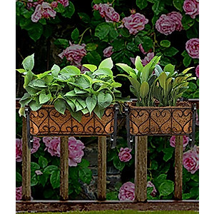 MorTime Iron Hanging Flower Rack Basket Shelf with Hooks, Railing Flower Pots Holder Black Metal Decorative Railing Shelf for Outdoor Garden Balcony Fence Patio