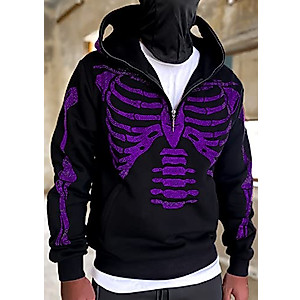 Easyoyo Skeleton 1/4 Zip Up Hoodie for Men Women, Gothic Diamond Glitter Oversize Grunge Punk Dark Sweatshirt