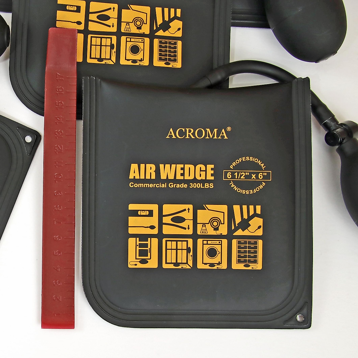 Acroma 5-Pack 6 1/2”x 6“Commercial Grade Air Wedge Bag Bump (A0501A) 300LB Load Rating Professional Leveling Kit and Alignment Tool Air Shim Pump Wedge, 4 Pry Bars Included