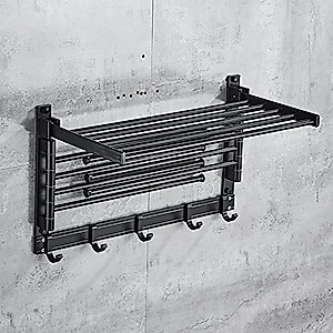 Gtouse Stainless Steel Towel Rack,23 Inch Bathroom Towel Rack with Shelf,Foldable Towel Shelf with Movable Hooks Rustproof Towel Storage Wall Mount for Bathroom Lavatory Matte Black