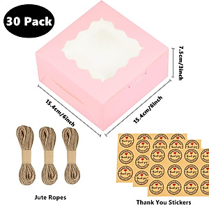 GUIFIER 30 PCS Bakery Boxes with Window 6x6x3 Inches, 6 Inch Cake Boxes, Paper Cookie Boxes, Small Pie Boxes, Treat Gift Boxes for Strawberry, Cupcake, Pastry, Donuts, Dessert, Brownie (Pink)