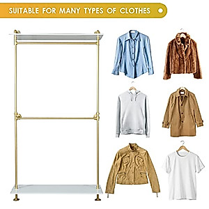 Industrial Pipe Clothing Rack, Golden Pipe Clothes Rack Wall Mounted With 2 Tier Real Wood Shelves Attach To The Wall Sturdy And Stylish Industrial Garment Rack Hold The Clothes Display The Clothes