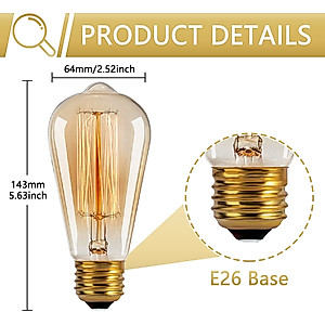 Figame ST64 Edison Bulb 60W 6 Packs, 110-130 Volts, E26/E27 Base Dimmable, Retro Edison Bulb 6 Packs, 2200k Amber Warm Yellow, Decorative Antique Filament Bulb Household Lighting Fixtures