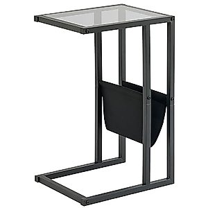 Gewudraw Side Table End Table, C Shaped End Table, Narrow Side Table Sofa Couch Table Black Metal Glass End Table with Storage Bag for Bedroom, Living Room, Office and Small Spaces