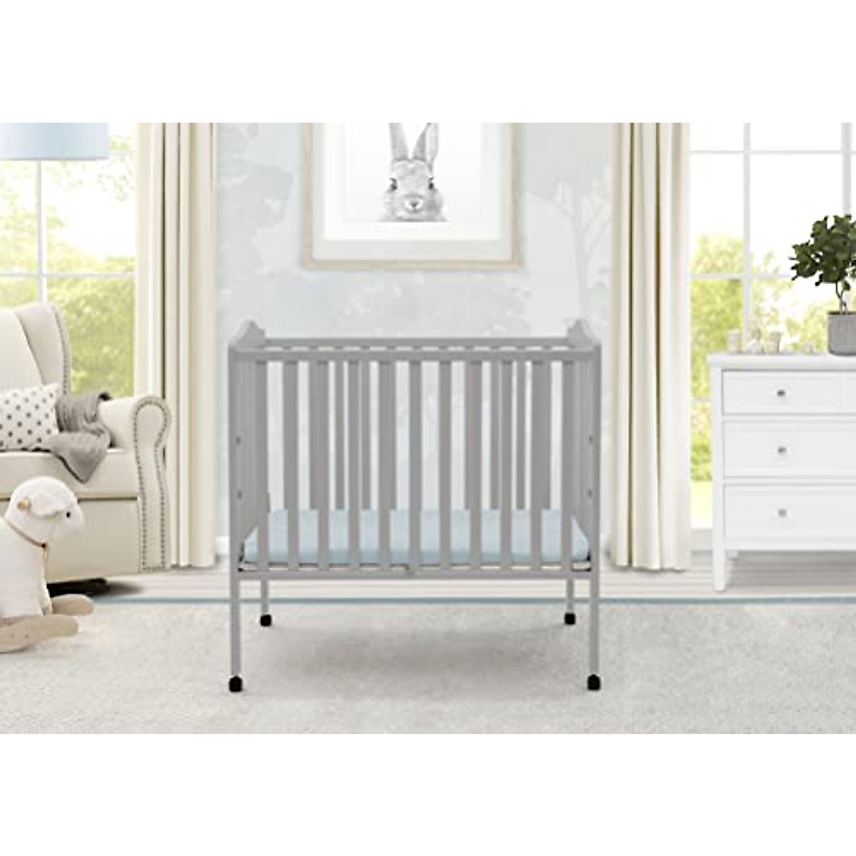 Delta Children Folding Portable Mini Baby Crib with 1.5-inch Mattress - Greenguard Gold Certified, Grey