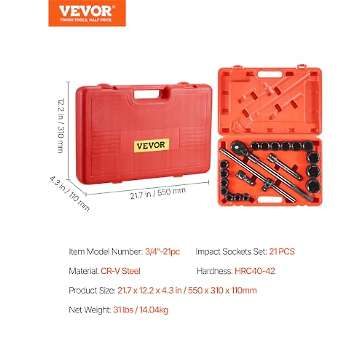 VEVOR Impact Socket Set 3/4 Inches 21 Piece Standard Impact Sockets, Socket Assortment 3/4 Inches Drive Socket Set Impact Standard SAE Sizes 3/4 Inches to 2 Inches Includes Adapters and Ratchet Handle