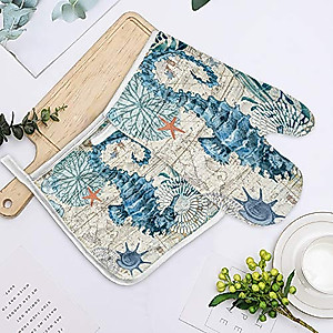 Kitchen Oven Mitts and Potholders Set, Seahorse Ocean Animal Nautical Map Heat Resistant Padded Cooking Gloves&Pot Holder Non-Slip for BBQ Baking Grilling, Retro