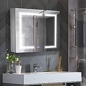 GroGro LED Bathroom Medicine Cabinet with Mirror,30" W x 26" H Lighted Medicine Cabinet,Surface or Recessed Mount,3-Layer Storage Shelves,Medicine Cabinets Can Defog,Dimming,Outlets & USBs