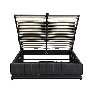 CJLMN Upholstered Platform Bed Versatility Bed, Full Size Wood Bed Frame with Hydraulic Storage System, LED Lights, Sockets and USB Ports, Kids Adults Bedroom Furniture Storage Bed (Black Bed)