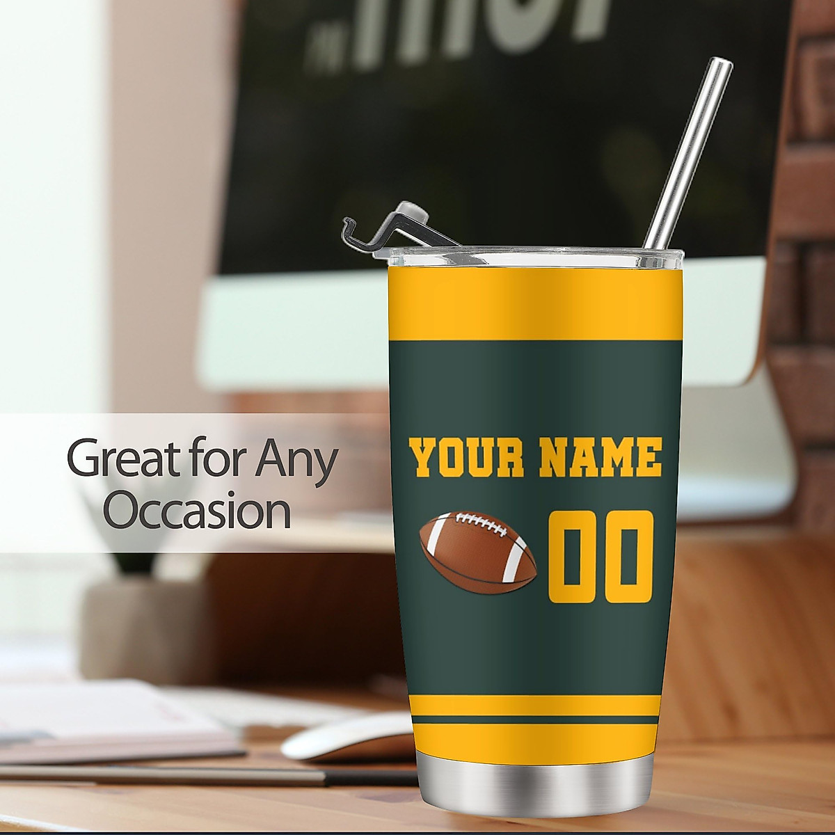 Custom Green Bay Tumbler 20oz Stainless Steel with Lid &amp; Straw Personalized Football Fans Gifts for Women Men Travel Cup Insulated Tumbler Add Name Number