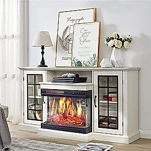 Amerlife 3-Sided Glass Fireplace TV Stand for TVs up to 65", Modern Media Entertainment Center Console Table with Glass Door Closed Storage, Distressed White