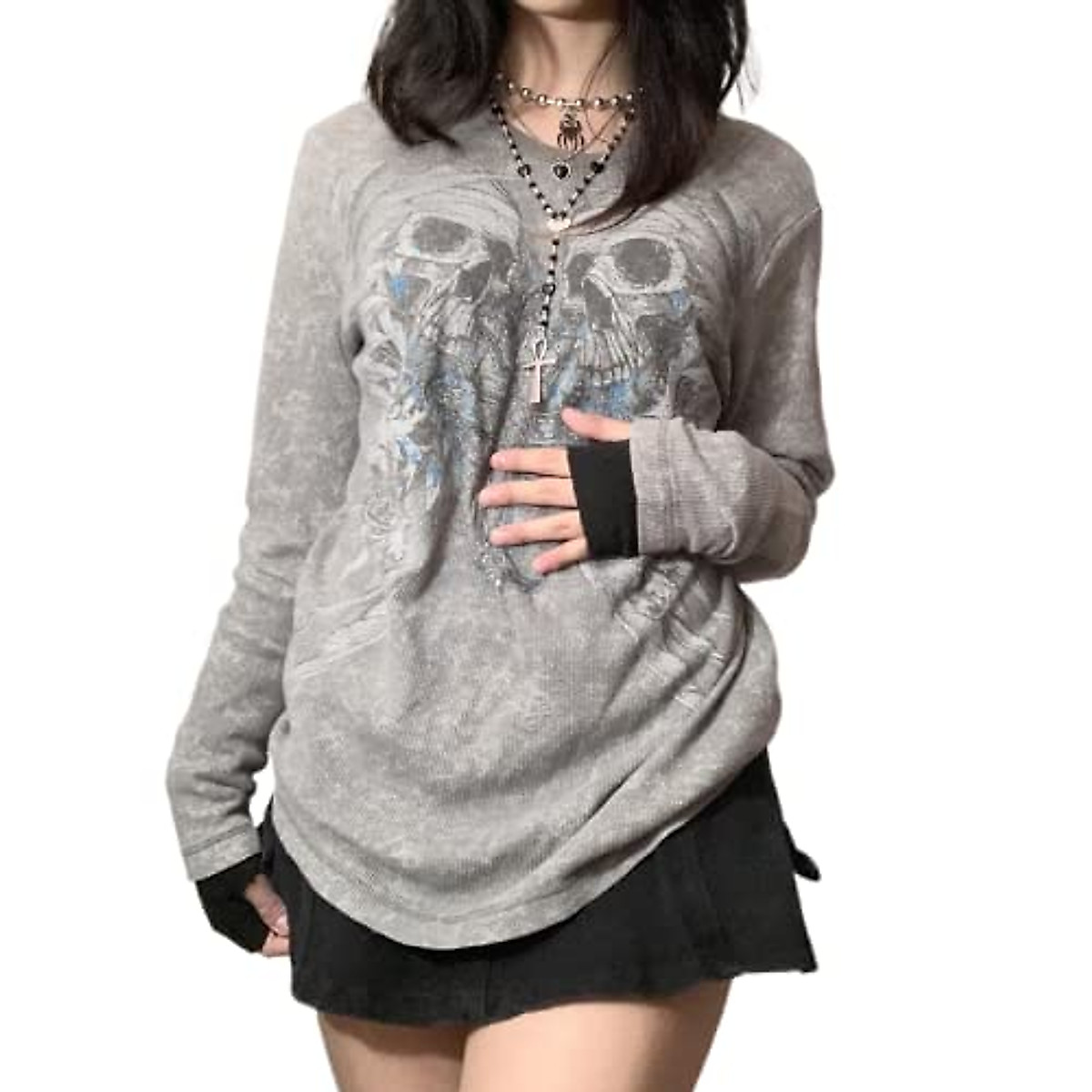 Y2K Long Sleeve Tops for Women Fairy Grunge Graphic Print Top Vintage Crop Top Tee(M-Grey,S)