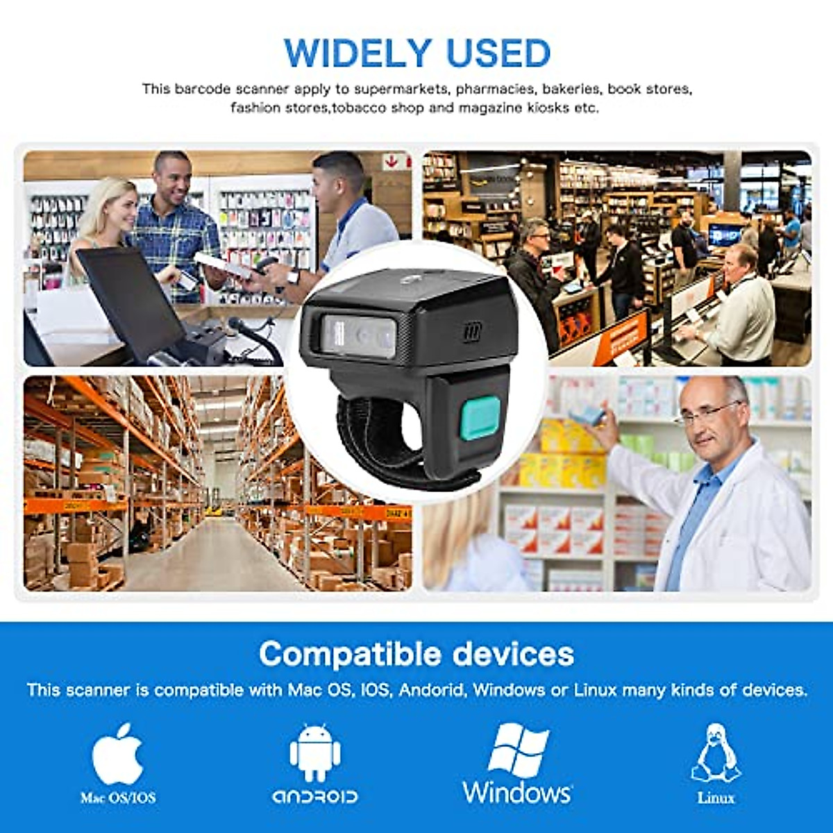 NETUM Bluetooth 2D QR Ring Barcode Scanner, Wearable Mini Bar Code Reader with Charging Cradle and Built-in Memory, Fast and Precise scanning - RS9000