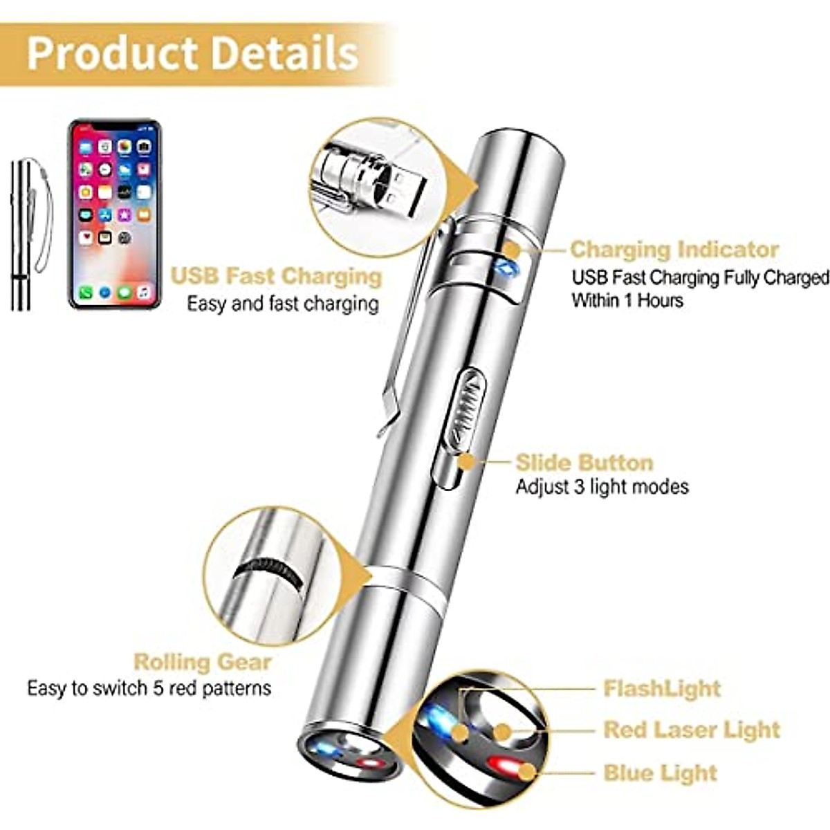 HEYPOMAX Laser Pointer, Red LED Light Pointer Cat Toys for Indoor Cats Dogs, Long Range 3 Modes Lazer Projection Playpen,USB Recharge