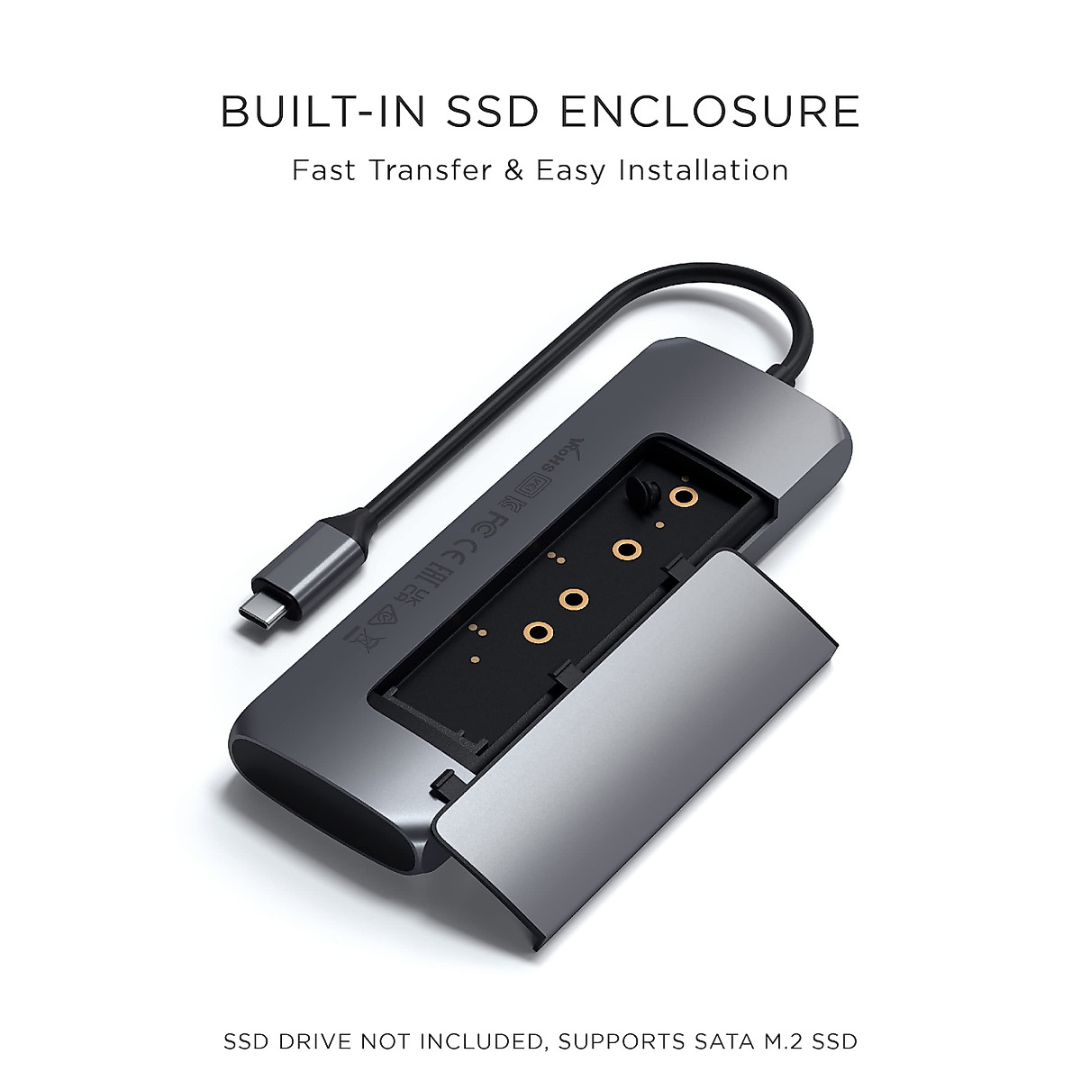 Satechi USB C Hub Hybrid Multiport Adapter, fits M.2 SATA SSD, 4K HDMI, 100W USB C PD Charging, 2 USB-A, for MacBook Pro/Air M1 M2 M3, Dell, HP, Surface, Lenovo - Space Gray