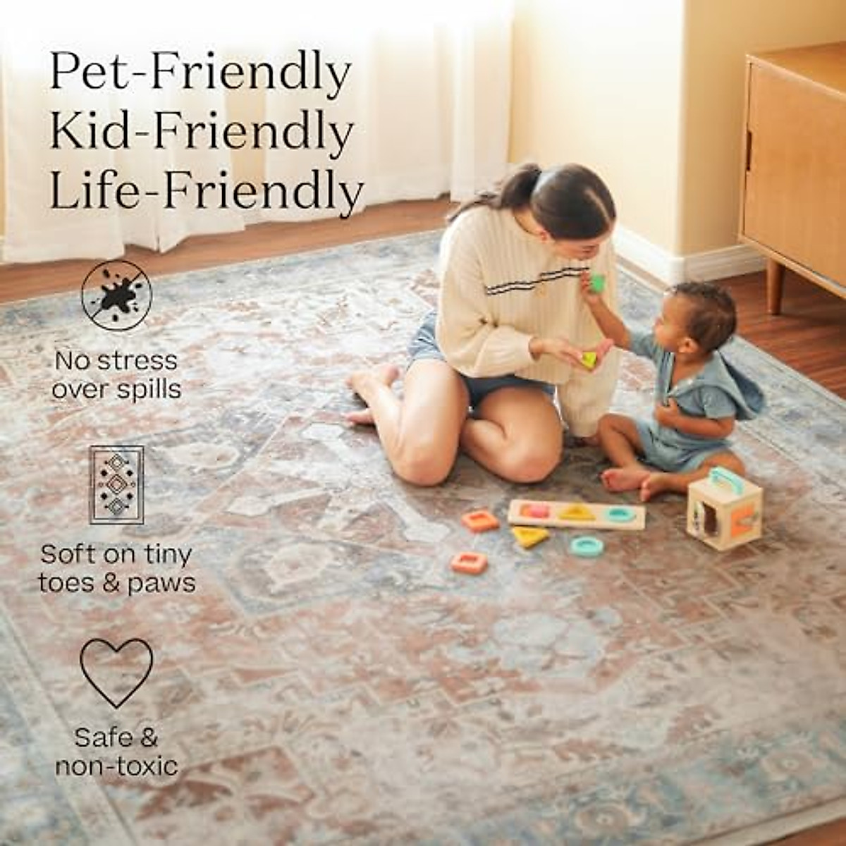 RUGGABLE Washable 3x5 Area Rug, Camellia Midnight, Premium Rugs for Living Room, Bedroom, Kitchen, Office, Classroom with Gripper Non Slip Pad