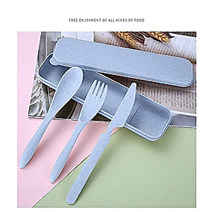 SUNNYHILL 4PCS Portable Utensils Set Straw Cutlery Set Healthy Eco-Friendly Wheat Biodegradable Chopstick Fork Knife Spoon Set for Travel Picnic Camping Students Daily Uses with Portable Case (blue)