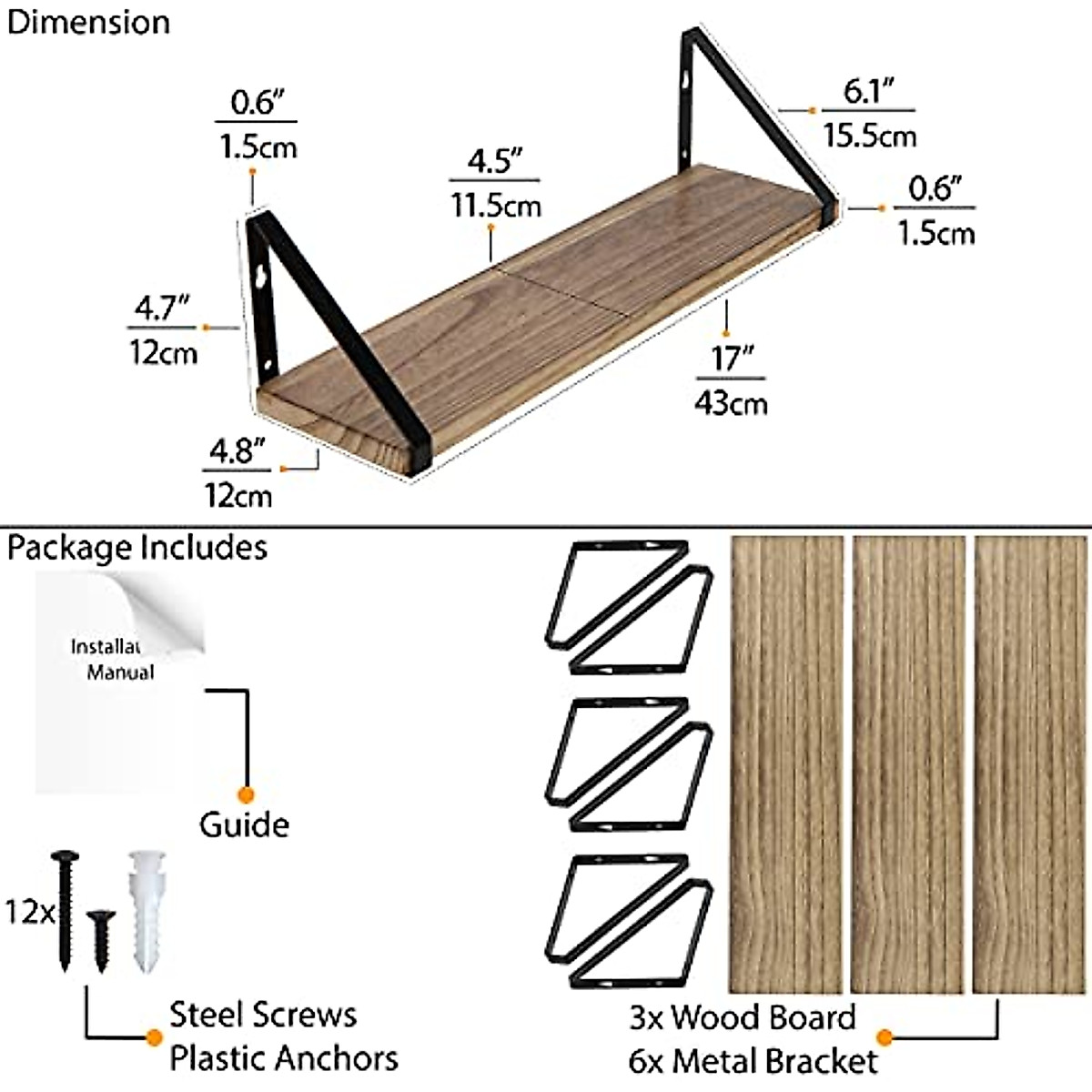 Wallniture Ponza Floating Shelves for Wall, Laundry Room and Bathroom Storage Shelf Unit Set of 3, Natural Burned Rustic Wood Wall Decor with Metal Floating Shelf Bracket