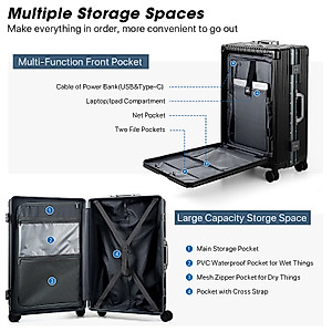 MRPLUM Front Pocket Carry On Luggage,PC Hardside Spinner Wheel Suitcase with TSA Lock, Cup Holder,Phone Holder&USB Charging Port,20 inch,Black