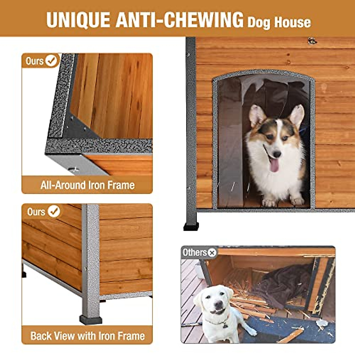 Dog House for Small to Large Sized Dogs - Indoor Outdoor Doghouse Puppy Shelter with Elevated Floor, Durable Waterproof Dog Kennel, Dog Home with Iron Frame - Anti Bite