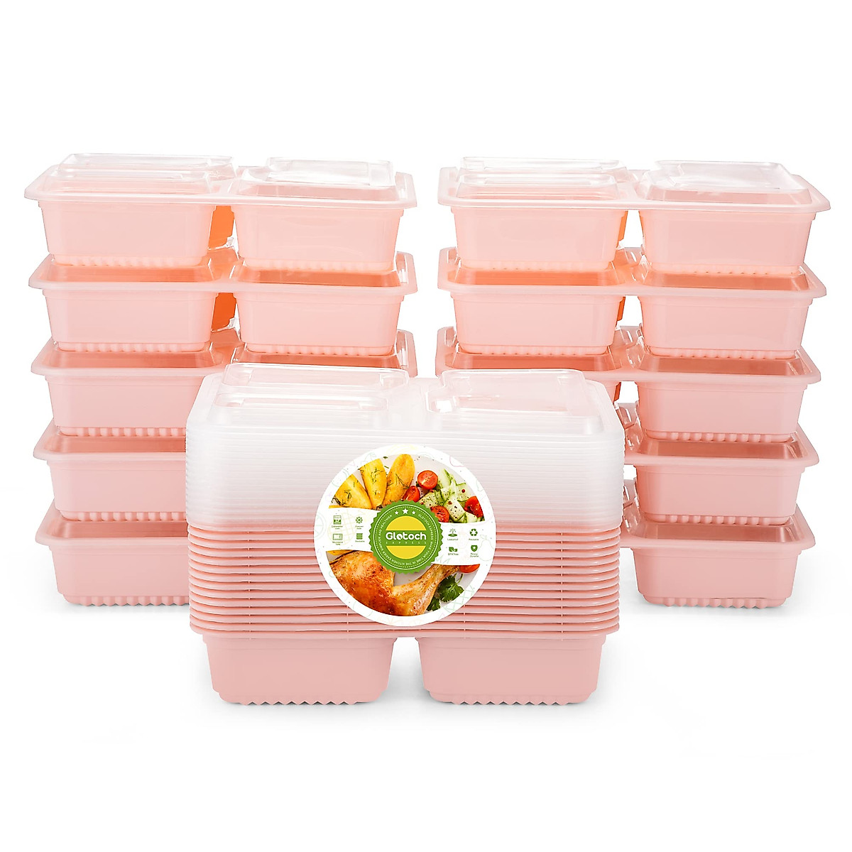 Glotoch Express Meal Prep Container 3 Compartment, 15 Packs 34 oz To Go Containers, Plastic Containers With Lids For Storage-Microwave&Freezer&Dishwasher Safe, Eco-Friendly, BPA-Free&Stackable, Pink