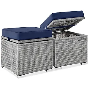 Best Choice Products Set of 2 Wicker Ottomans, Multipurpose Outdoor Furniture for Patio, Backyard, Additional Seating, Footrest, Side Table w/Storage, Removable Cushions - Gray/Navy
